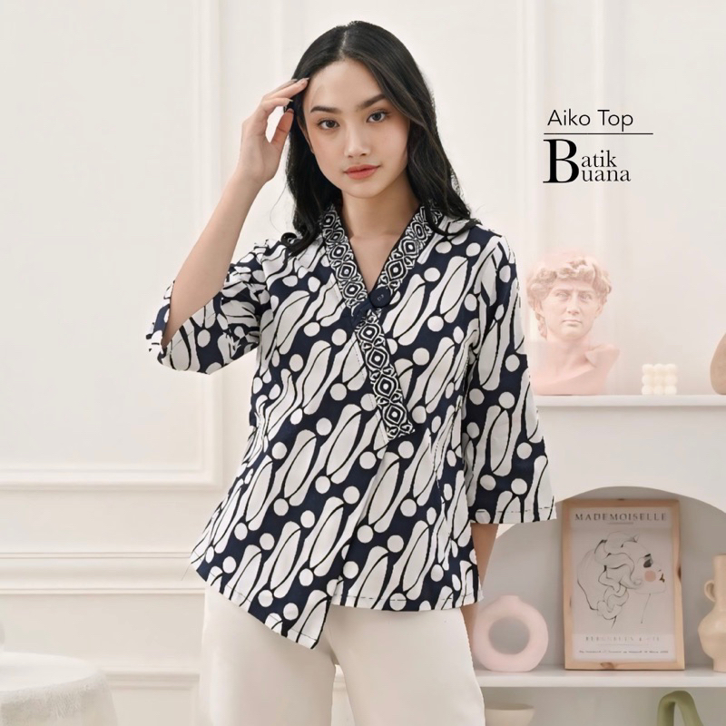 Jual Aiko Top - Atasan Batik Wanita Premium - Batik Wanita Navy - Batik ...