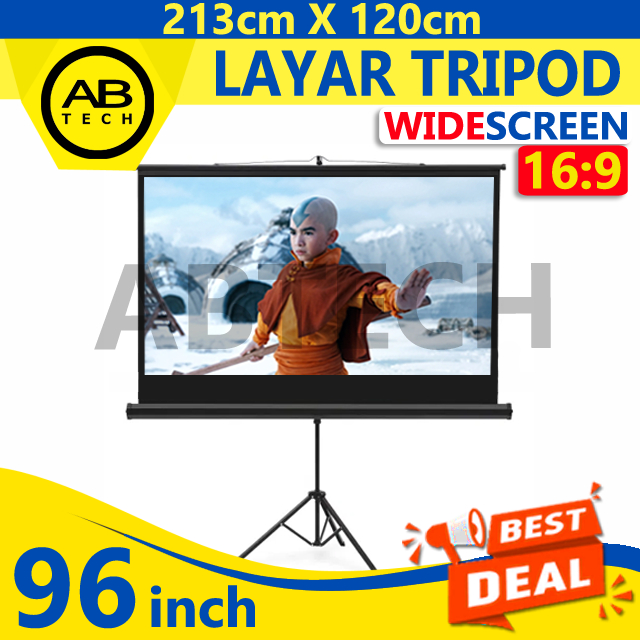 Jual Screen Projector Tripod 96" Ratio 16:9 Widescreen - Layar Proyektor 96 inch Stand Tripot ...