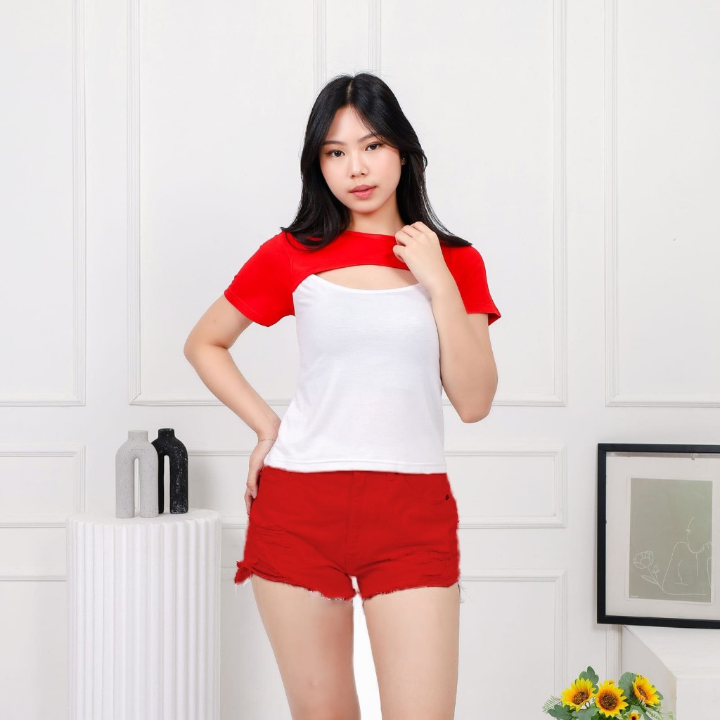 Jual Crop Top Lengan Pendek Wanita - Kaos Crop Kombinasi Merah Putih ...
