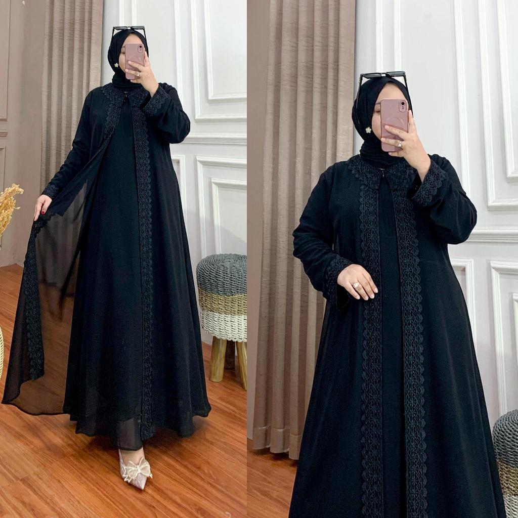 Jual Zilla Gamis Renda Hitam Putih Ceruty Babydol Gaun Pengajian ...