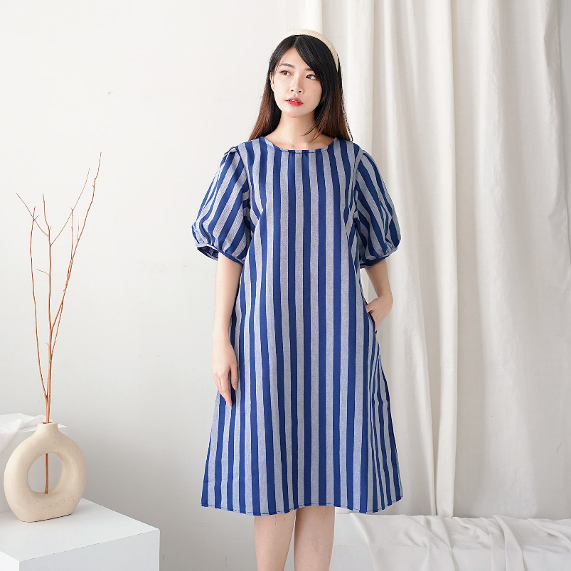 Jual Nuboutique - Megan Stripe Midi Dress - Terusan Wanita Casual Katun Denim Garis Salur ...