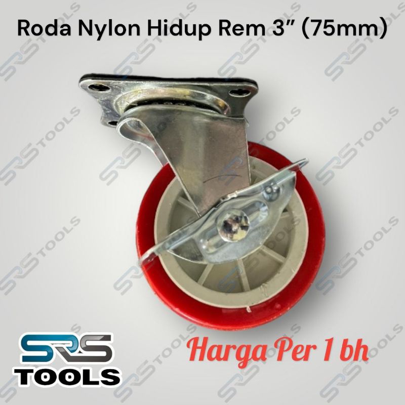 Jual Roda Nylon Nilon 3 Inch Gepeng Merah Hidup + Rem Troli Steling ...