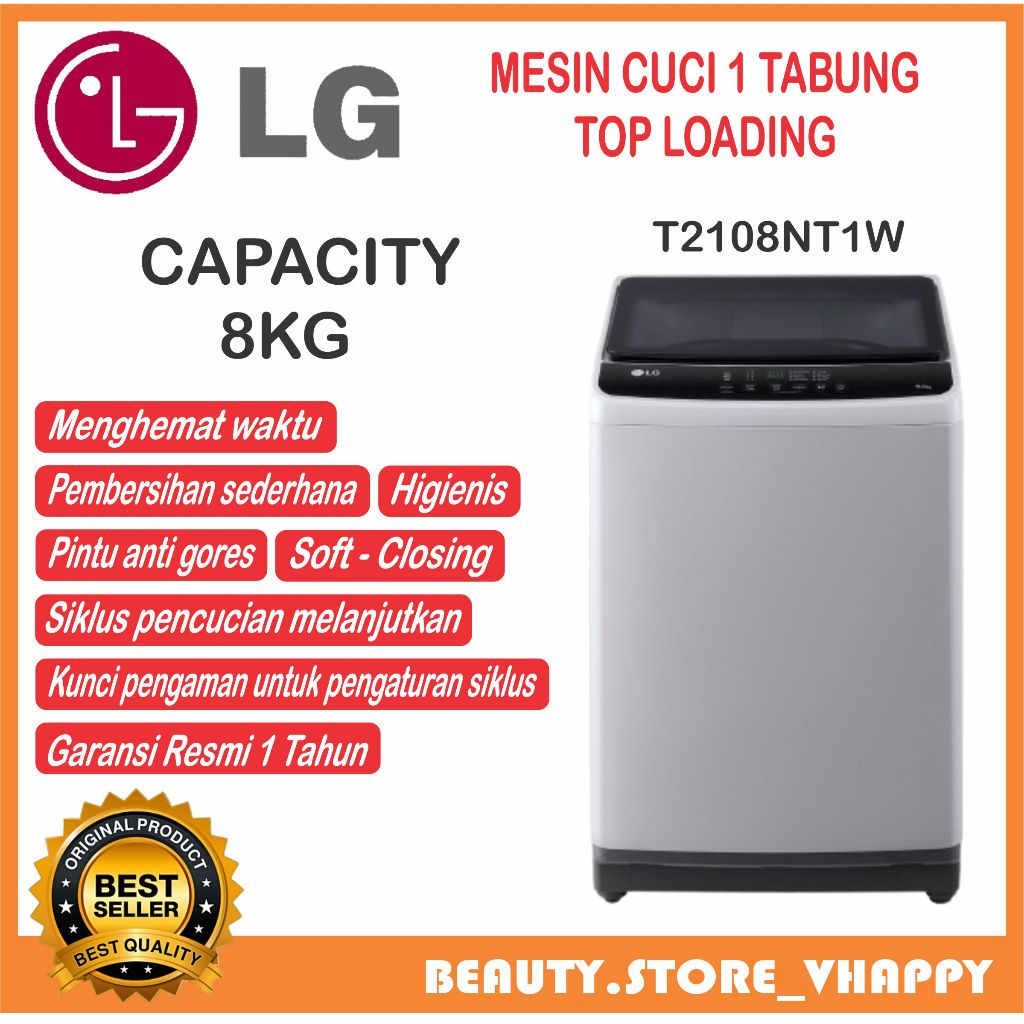 Jual Mesin Cuci 1 tabung LG Top Loading 8kg T2108NT1W Garansi Resmi ...