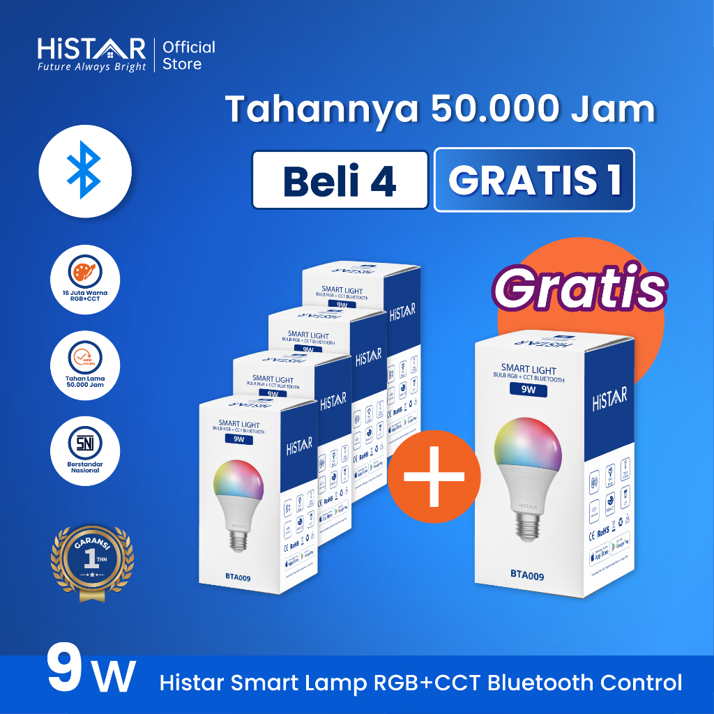 Jual HiSTAR Buy 4 + 1 Lampu Smart LED 9W RGB+CCT Bluetooth Musik IOS ...