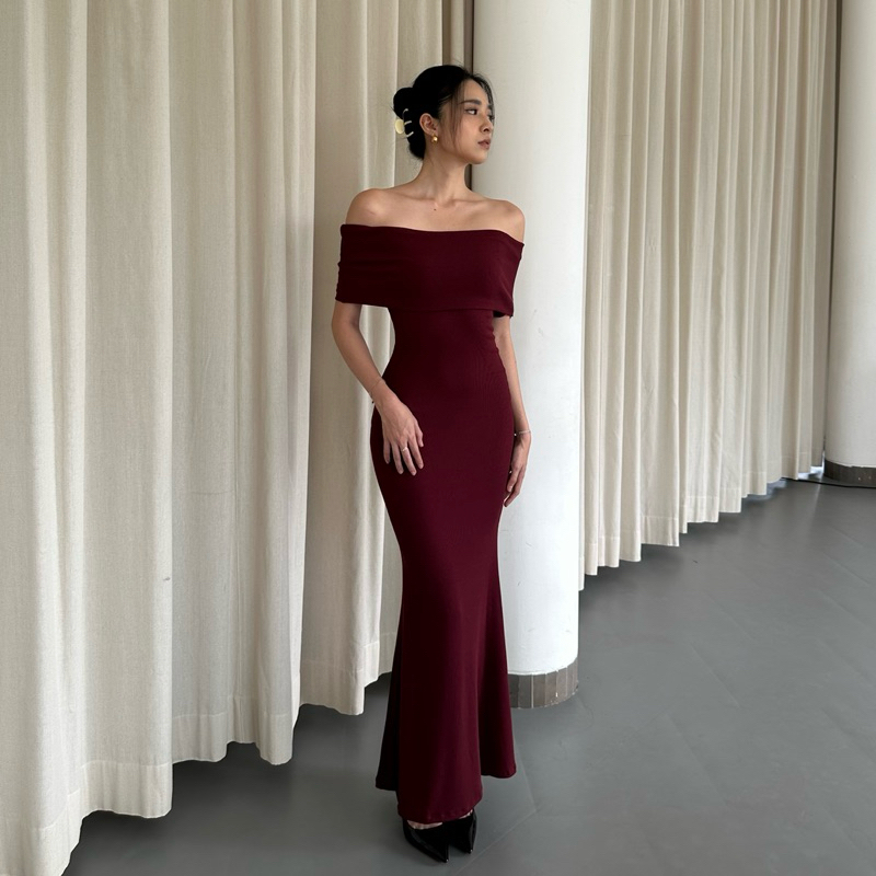 Jual DIANE DRESS | ROOHA | Dress Panjang Wanita Off Shoulder Ribbed ...