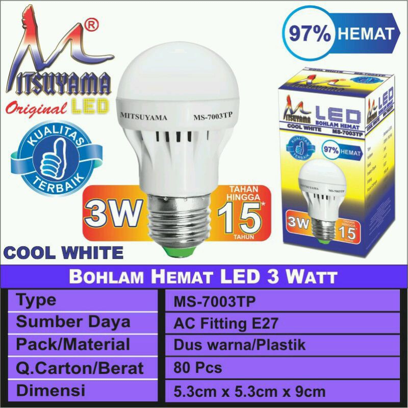 Jual Lampu LED Mitsuyama Cool White MS7003TP 3W MS 7003 CW Bohlam LED MURAH Lampu Led ...