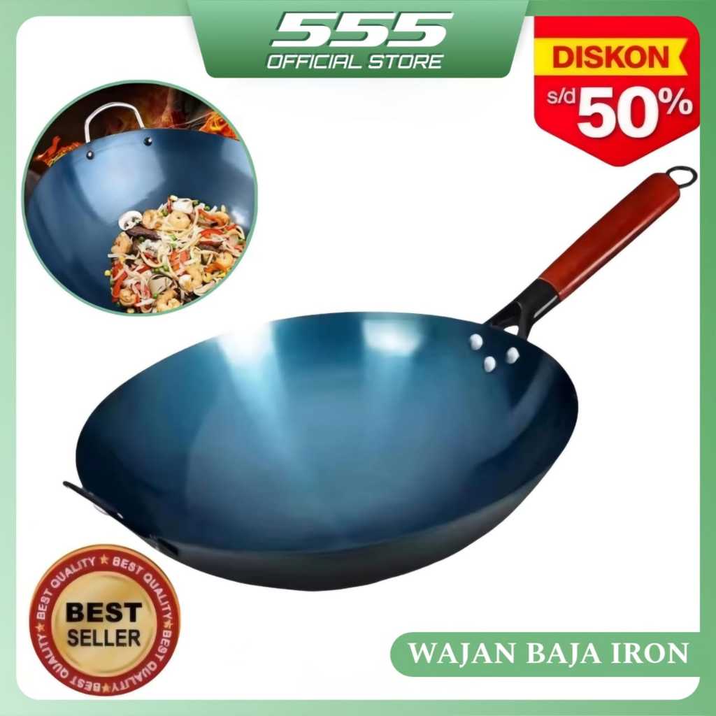 Jual Wajan Baja iron Tebal Anti Lengket Wok Kuali Iron Pegangan Kayu ...