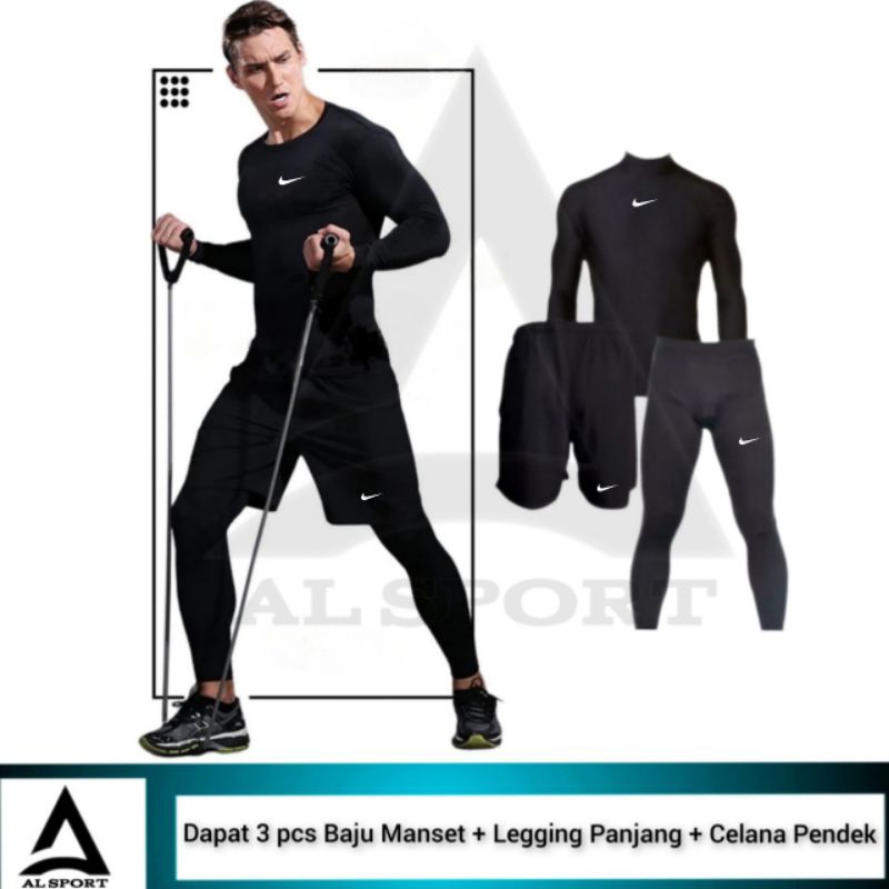 Jual 3 IN 1 Stelan Olahraga Pria Baju Manset Legging Celana Pendek ...