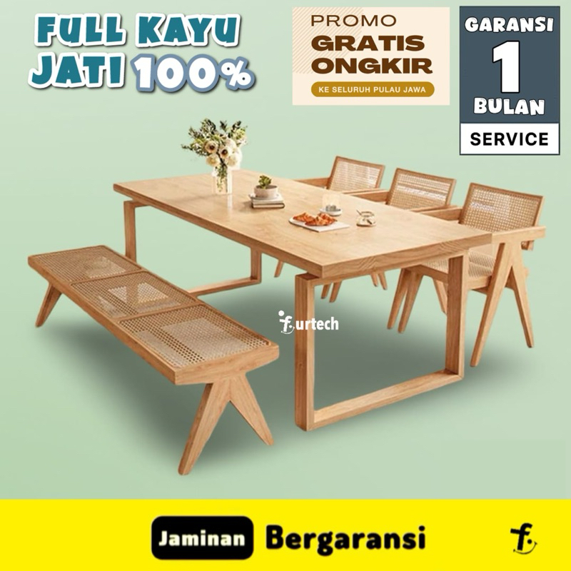 Jual Meja Makan Full Kayu Jati Minimalis 4 Kursi Rotan - Dining Table set - Meja Makan cafe ...