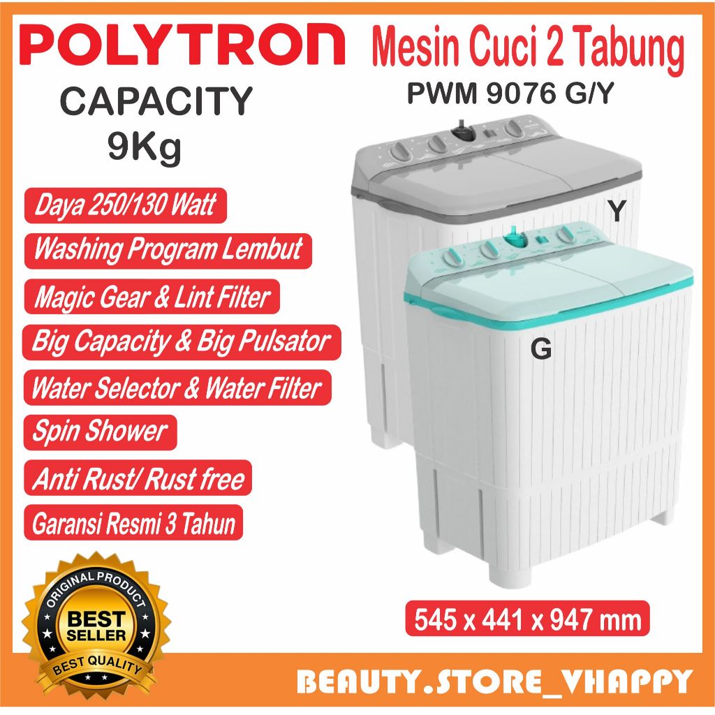 Jual Mesin Cuci 2 Tabung Polytron PWM 9076 9Kg Garansi Resmi | Shopee ...