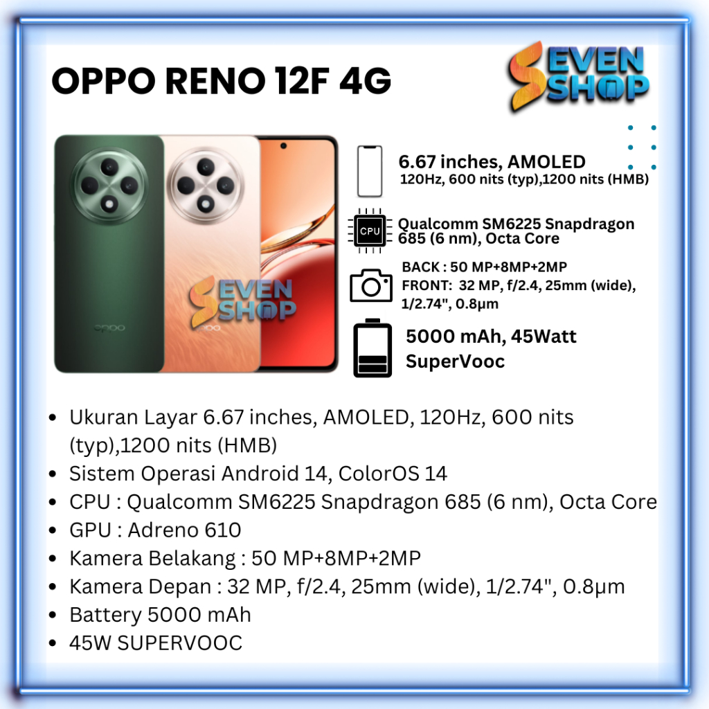 Jual Oppo Reno 12F 4G RAM 8/256GB Garansi Resmi | Shopee Indonesia
