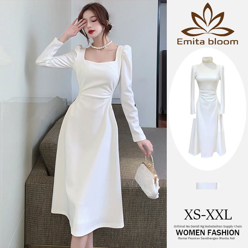 Jual EMITA BLOOM baju lebaran aesthetic raya midi dress Putih Lengan ...