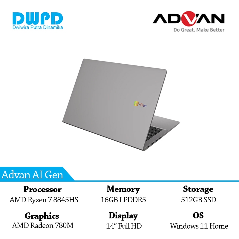 Jual Laptop ADVAN AI Gen AMD Ryzen 7 16GB LPDDR5x 512GB SSD 14" Full HD ...