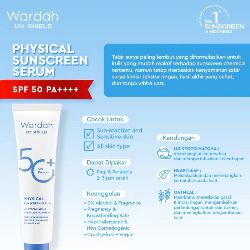 Jual Wardah UV Shield Physical Sunscreen Serum SPF50 PA++++ | 30ML ...