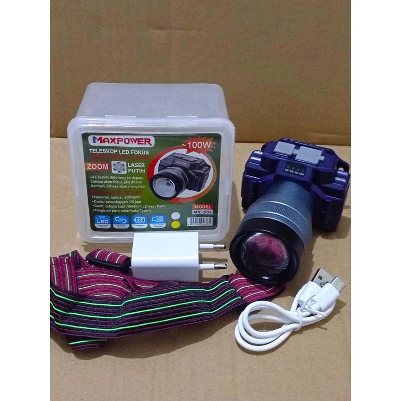 Jual HAKIHOKI Senter Kepala Zoom 100 Watt MX S08 Teleskop Led Fokus ...