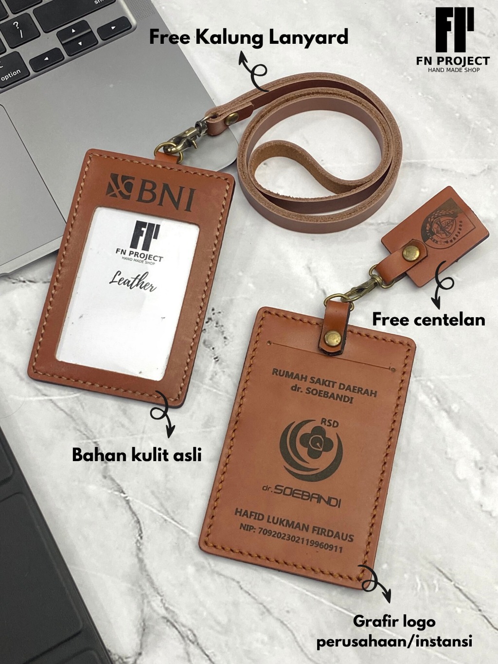 Jual LANYARD ID CARD HOLDER KULIT NAME TAG KULIT CUSTOM NAMA LOGO 1 ...