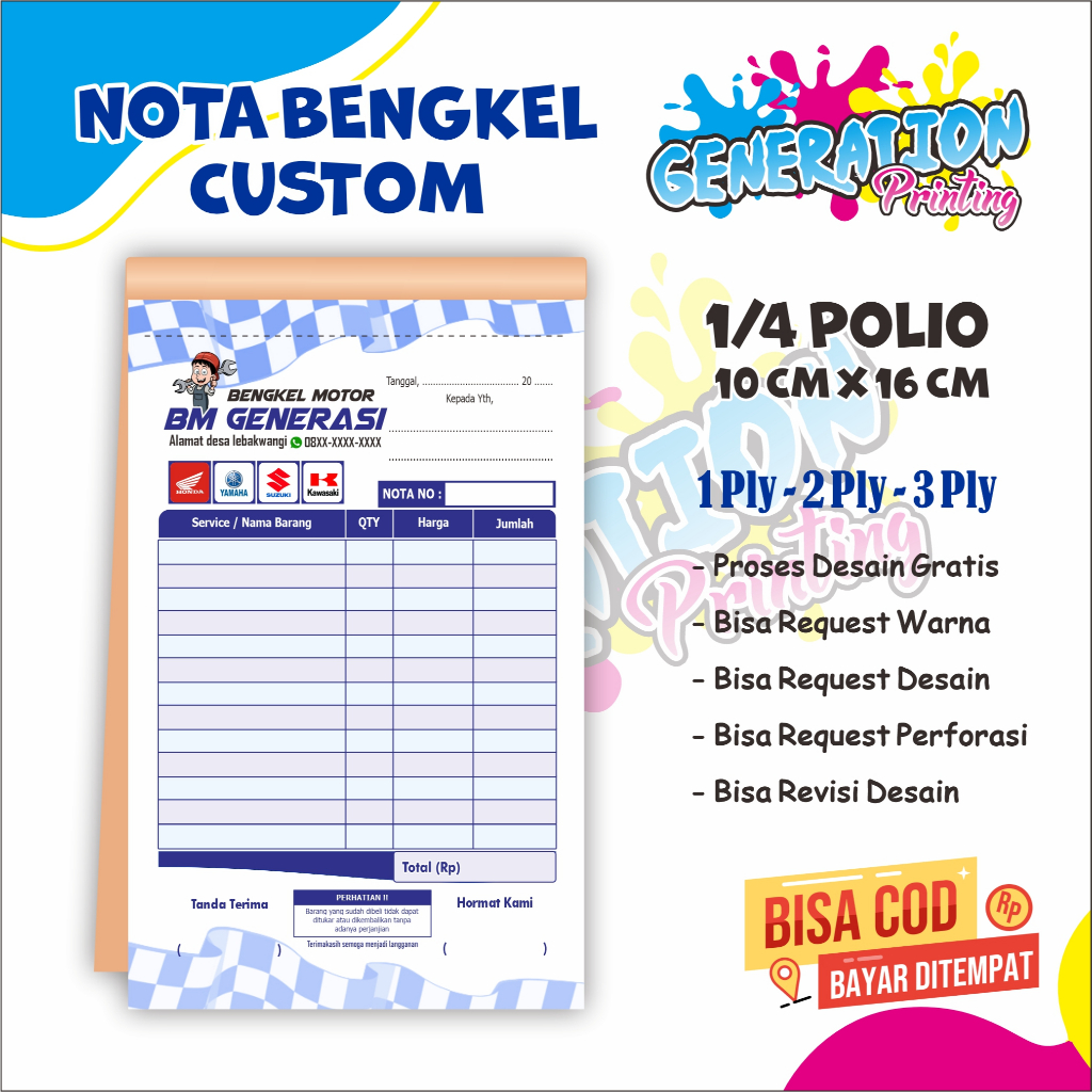 Jual NOTA BON BENGKEL CUSTOM FREE DESAIN 1/4 POLIO BEBAS GANTI NAMA TOKO SENDIRI 50 LEMBAR ...
