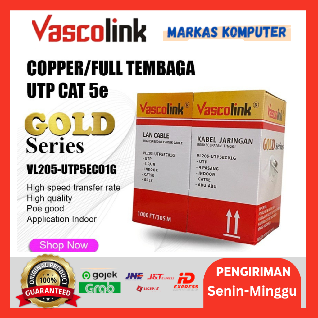 Jual Kabel LAN UTP Copper CAT 5e FULL TEMBAGA VASCOLINK 1 roll 305 Meter | Shopee Indonesia