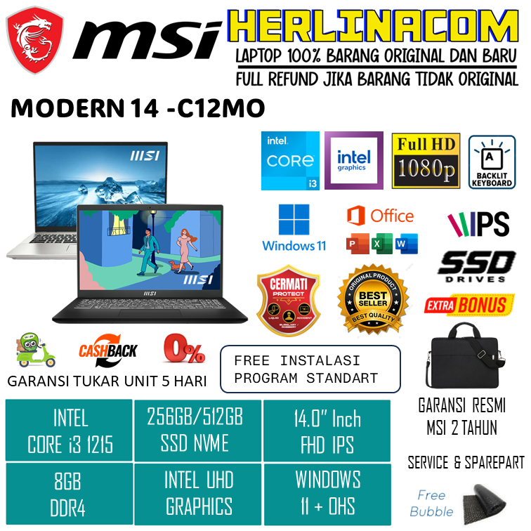 Jual MSI MODERN 14 INTEL CORE i3 1215 8GB 512GB SSD WINDOWS 11 OHS 14 ...