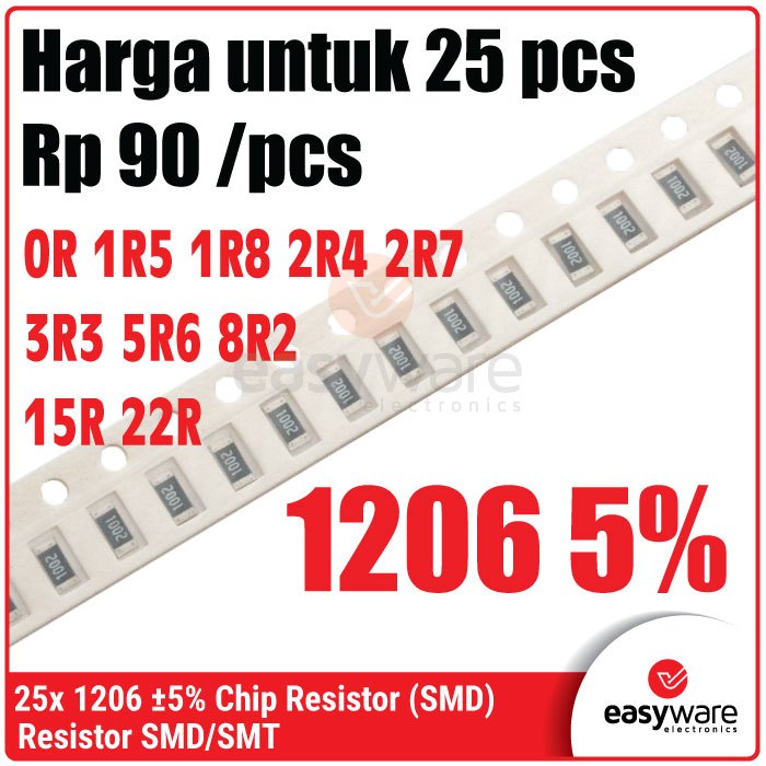 Jual 25pcs Resistor 1206 5% 0R 1R5 1R8 2R4 2R7 3R3 5R6 8R2 15R 22R Chip ...