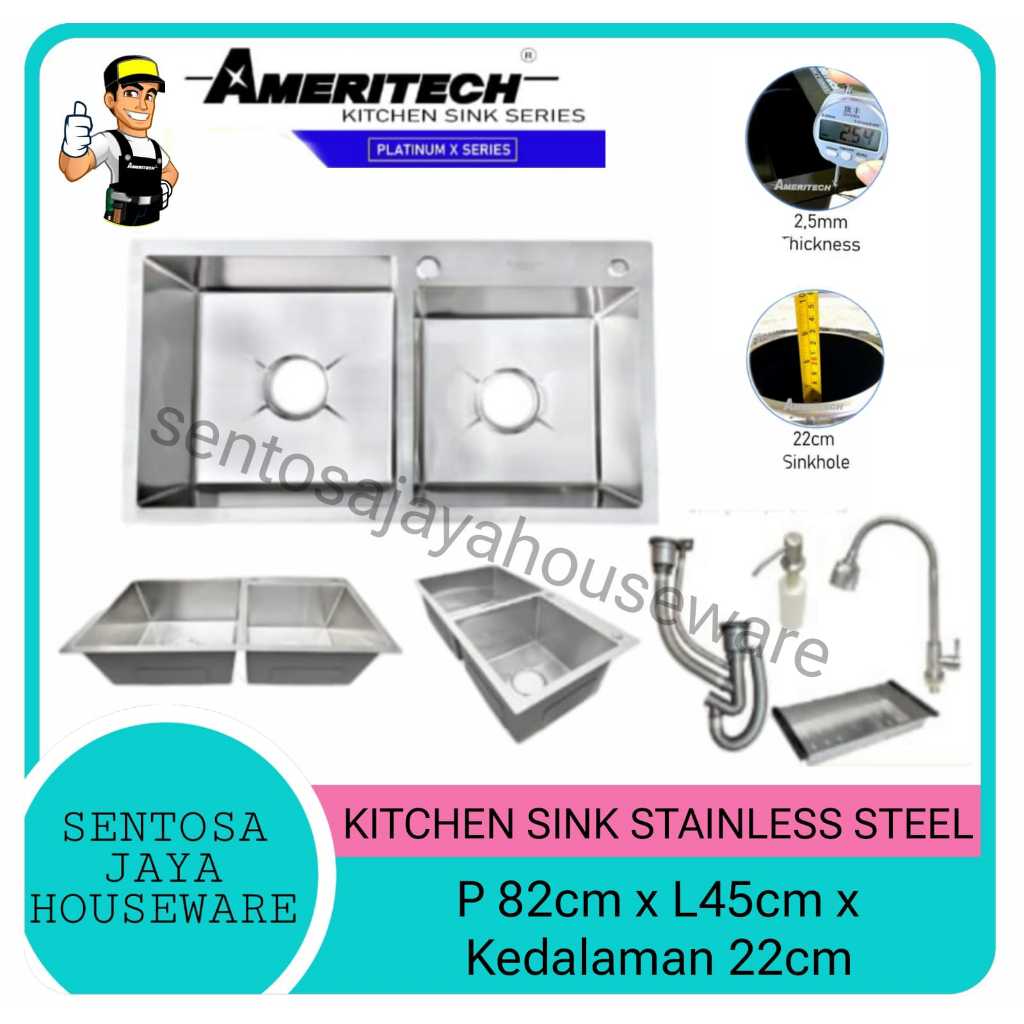 Jual BAK CUCI PIRING 2 LUBANG STAINLESS AMERITECH / KITCHEN SINK TEBAL ...