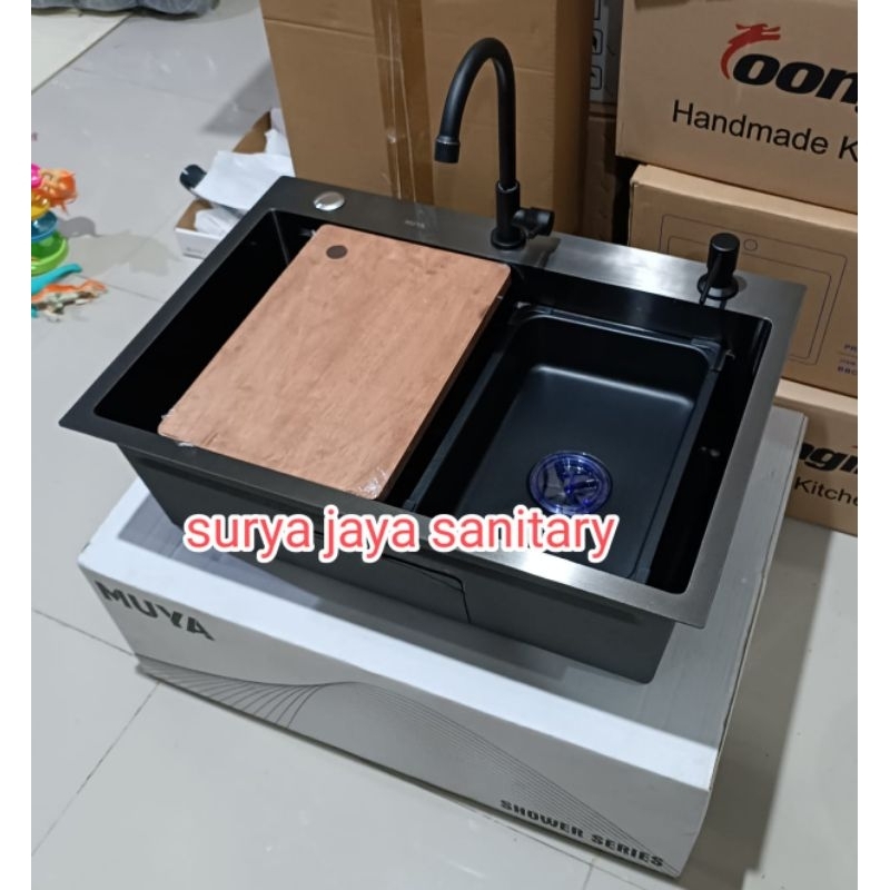 Jual paket kitchen sink Muya 6045 hitam paket kran pipa + talenan ...