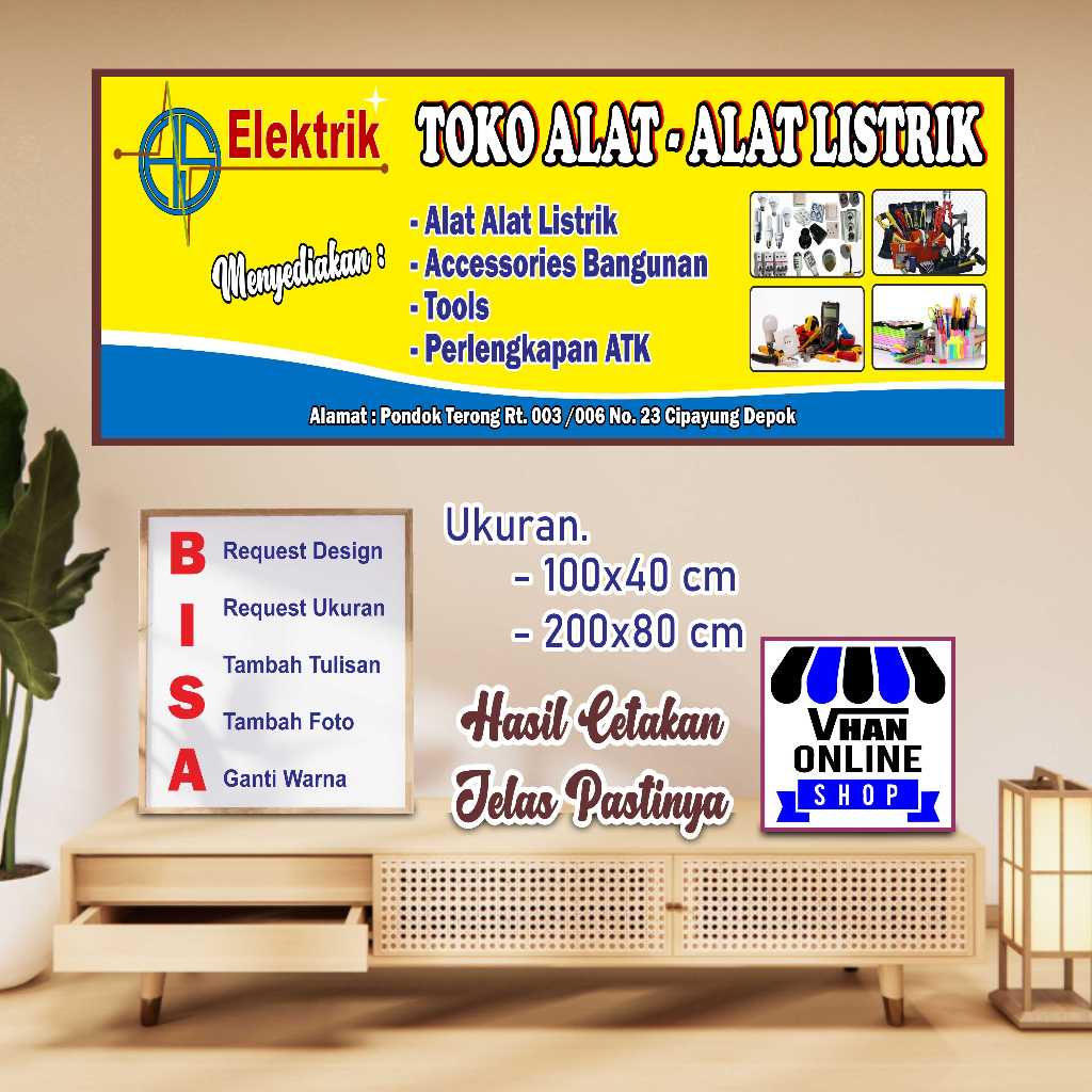 Jual Cetak Banner Spanduk MMT Toko Alat Listrik dan Aksesoris Listrik Design Kuning Cerah ...