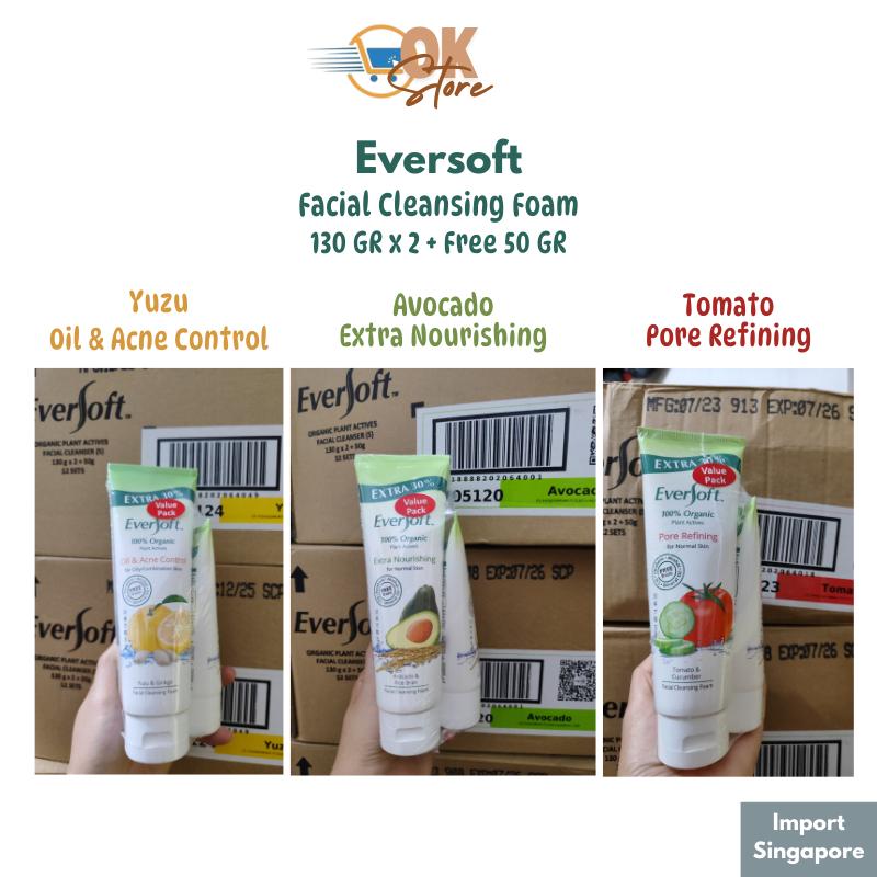 Jual Eversoft Facial Cleansing Foam 130 GR x 2 + Free 50 GR, Avocado, Yuzu, Tomato (Import ...