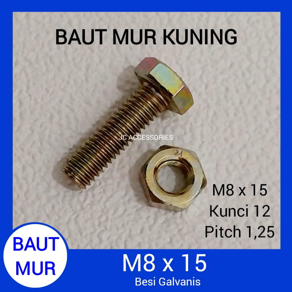 Jual BAUT MUR KUNING M8 x 15 KUNCI 12 PITCH 1,25 BMK M8x15 BAUT MUR HEXAGON HEX GALVANIS BAUT ...