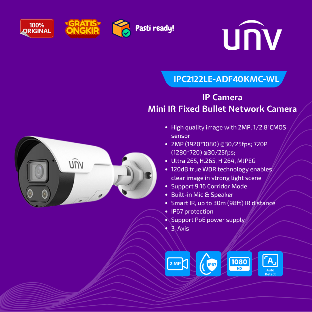 Jual UNV IPC2122LE-ADF40KMC-WL Uniview CCTV 2MP HD ColorHunter Mini IR Fixed Bullet Network ...
