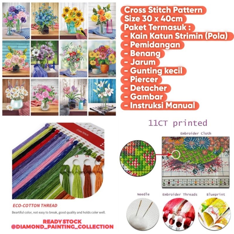Jual Cross Stitch Bunga Pola Kain Kristik bunga set, kristik modern ...