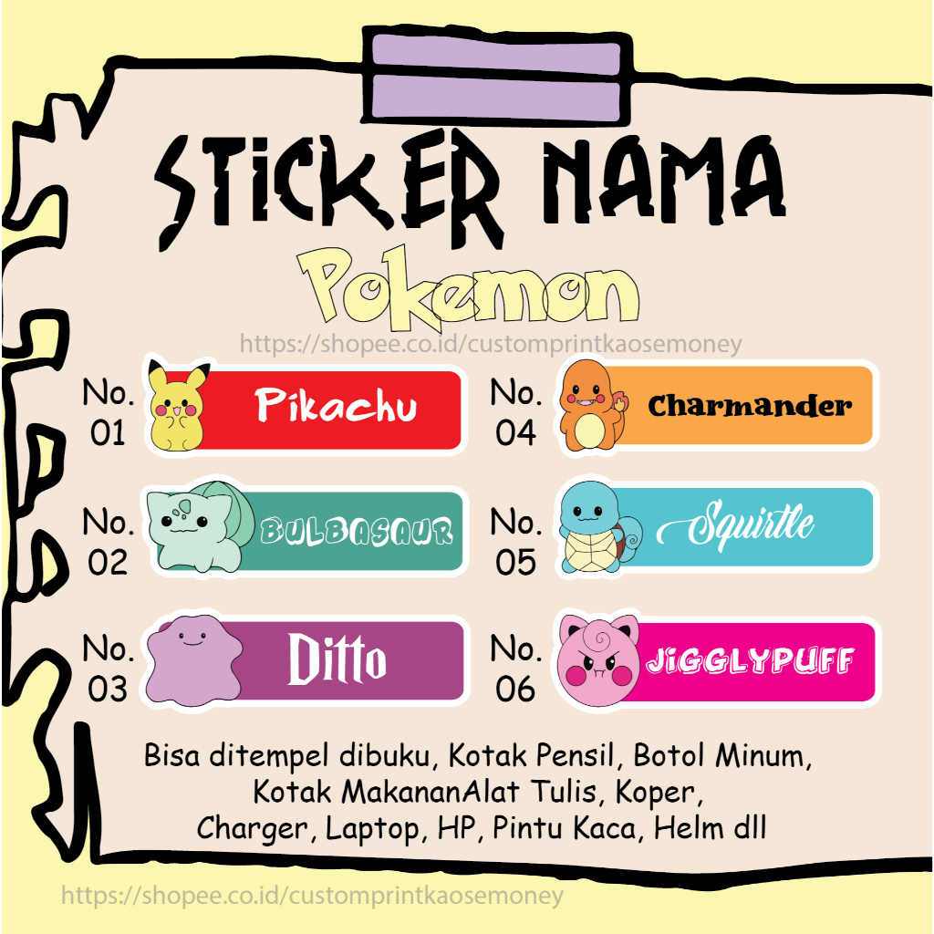 Jual STICKER LABEL NAMA KARAKTER POKEMON PIKACHU CUTE LEBEL CUSTOM ...