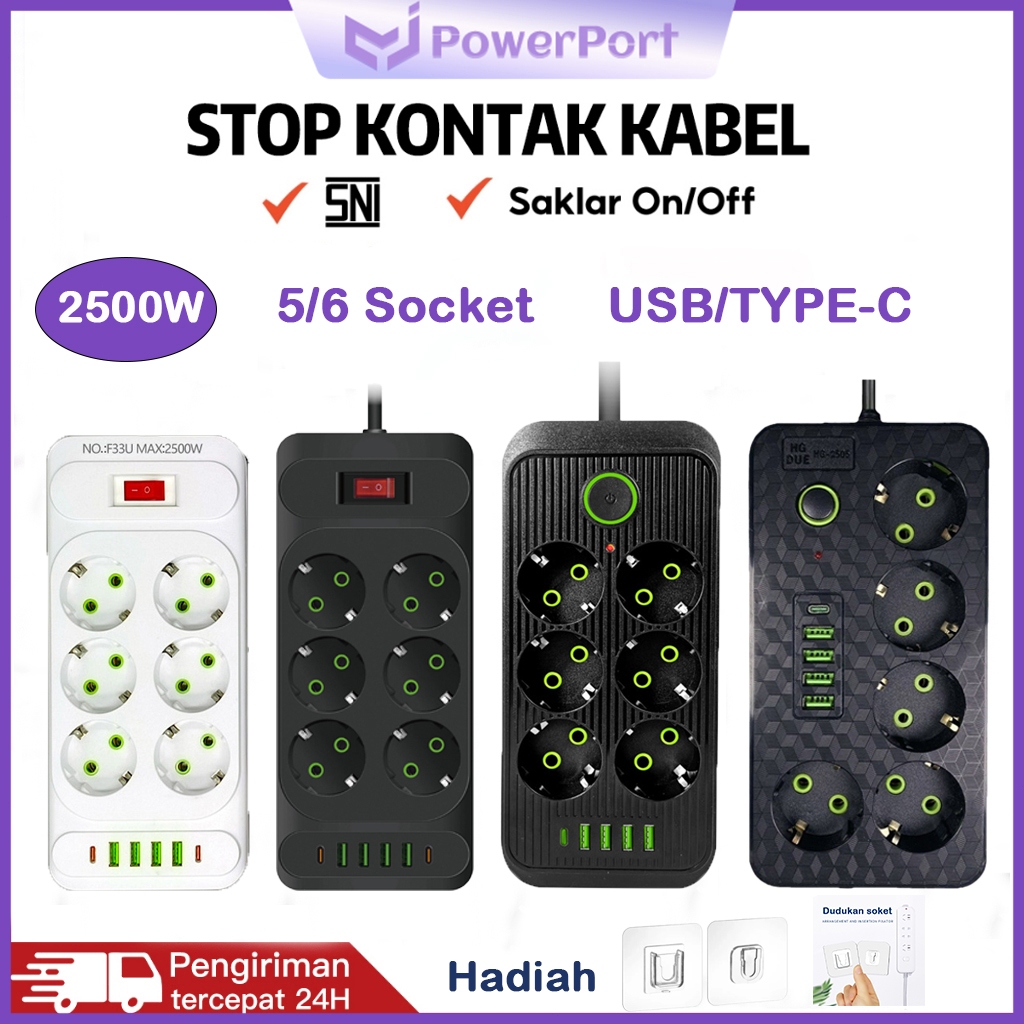 Jual Powerport 2500W Power Strip Power Socket Stop Kontak Usb Charger Power Socket Elektrik 6 ...