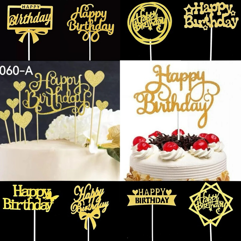 Jual [10Pcs] Hiasan Cake Topper Kue KERTAS GLITTER Emas Gold Happy Birthday Ulang Tahun | Shopee ...
