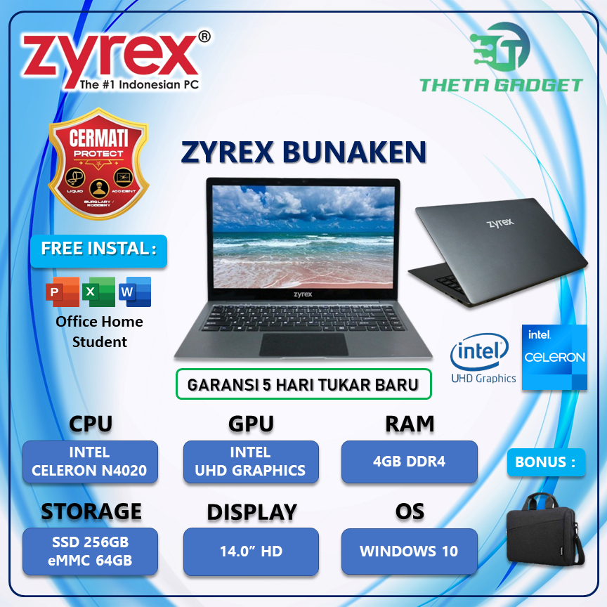 Jual Zyrex Bunaken Intel Celeron N4020 8Gb 256Gb + 64Gb eMMC 14.0" HD Win10 | Shopee Indonesia
