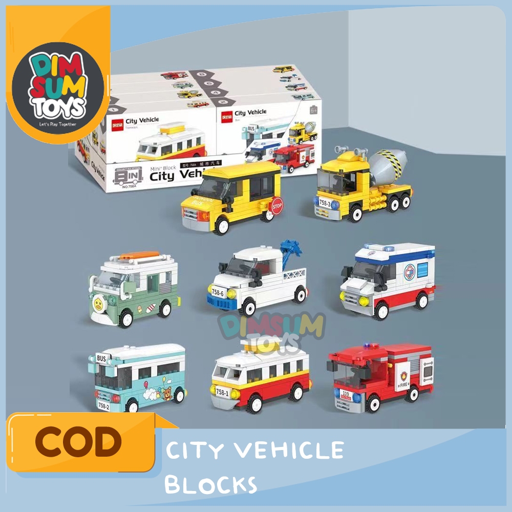 Jual Mainan Balok Susun Bricks City Car Ambulance Construction School ...