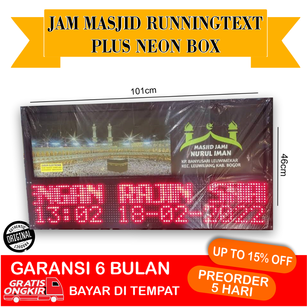 Jual Jam Masjid running text + neon box warna merah frame alumunium ...