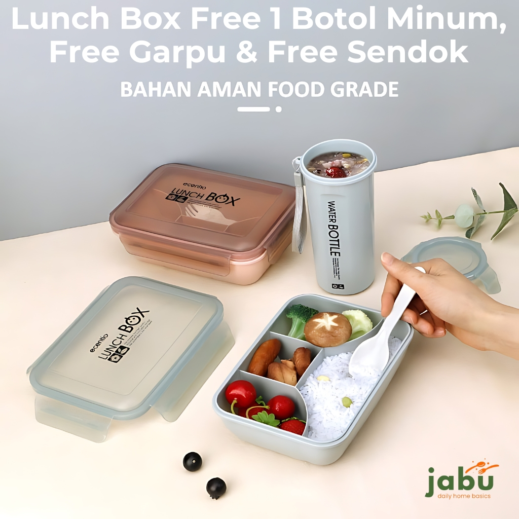 Jual 【JABU】Kotak Makan, Lunch Box 1 Set 1Liter Free Botol Free Garpu Free Sendok minum 500 ml ...