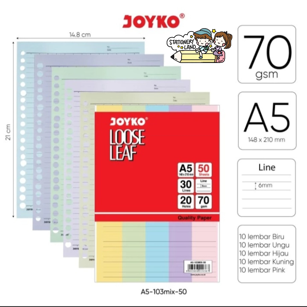 Jual LOOSE LEAF JOYKO WARNA A5 50 / Isi Kertas File Binder Warna Joyko Warna A5 50 Lembar ...