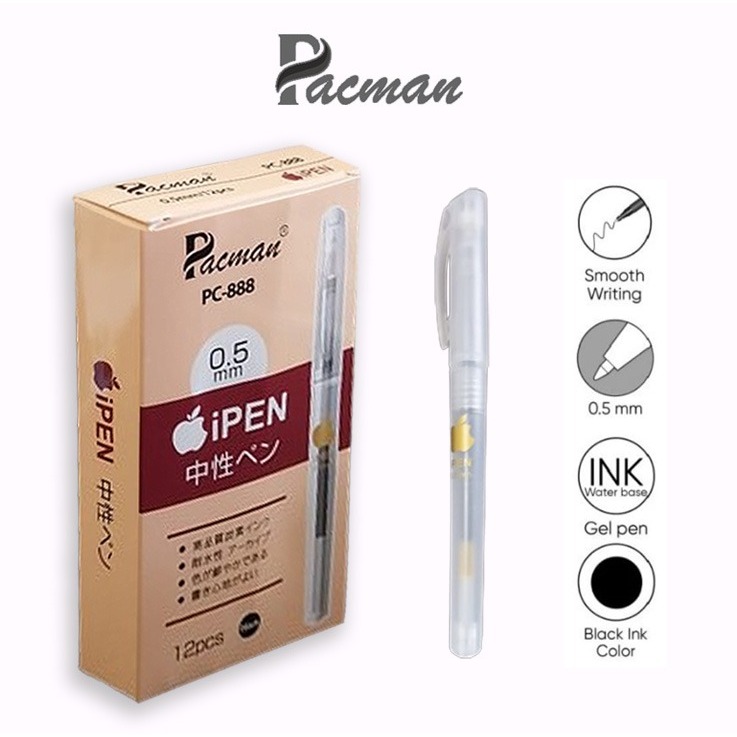 Jual Pulpen PACMAN i Pen Gel Pen 0.5 mm isi 12 PC-888 Tinta Hitam ...