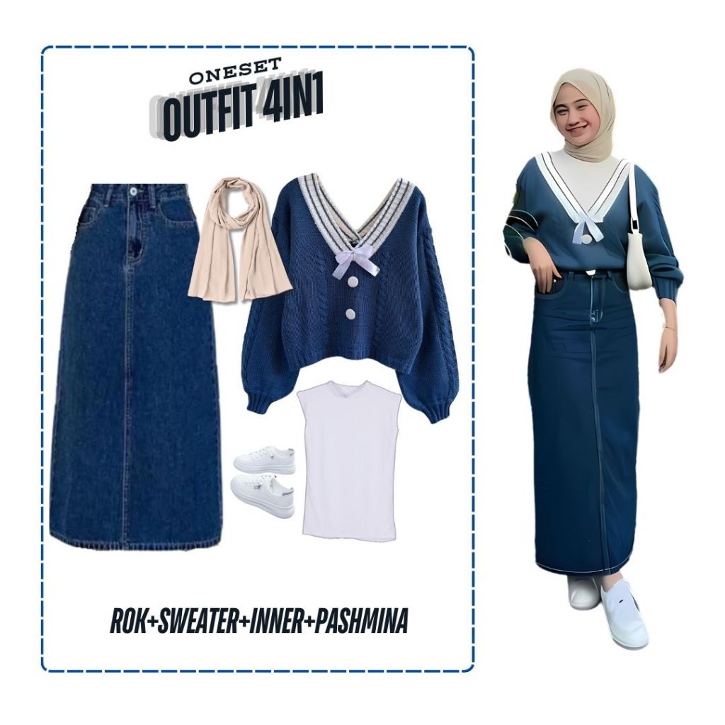 Jual 4in1 One set sweater rajut inner manset rib rok jeans pashmina ...