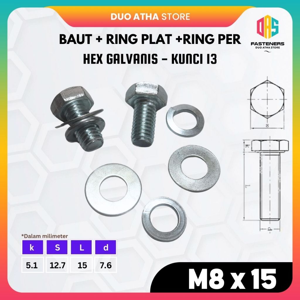 Jual Baut Hex Putih M8x15 + Ring Plat + Ring Per Galvanis Putih Kunci ...