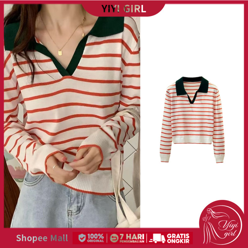 Jual YIYI GIRL Atasan Rajut Stripe Wanita Lengan Panjang V-Neck Wanita Korean Style | Shopee ...