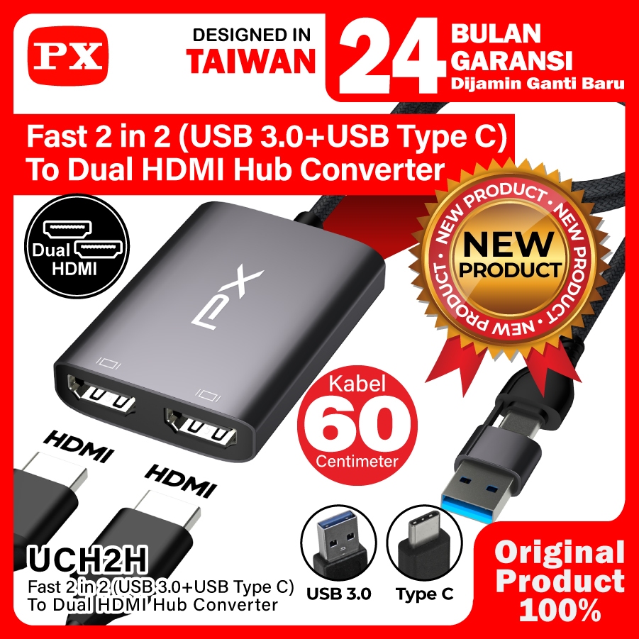 Jual USB 3.0 USB Type C Hub Converter ke 2 Display Layar PX UCH2H | Shopee Indonesia