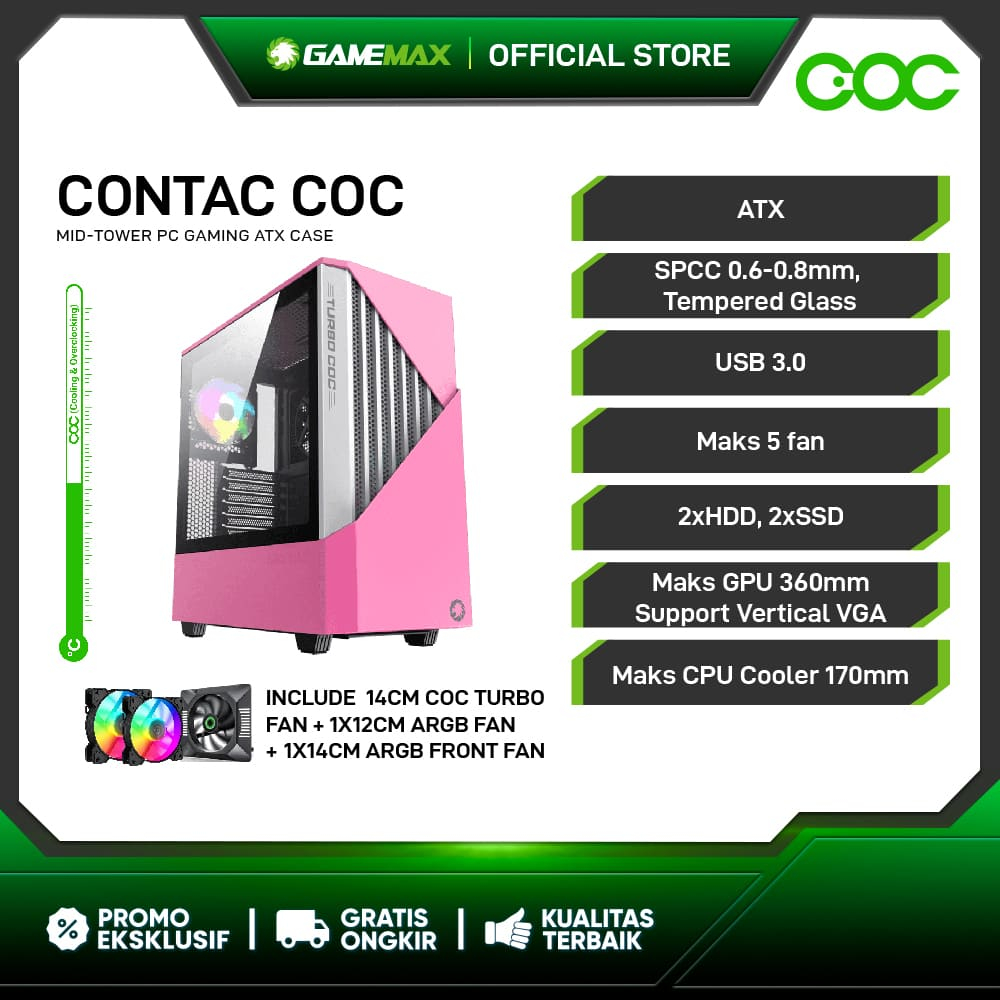 Jual GameMax Contac COC White Pink E-ATX Gaming PC Case With COC Fan ...