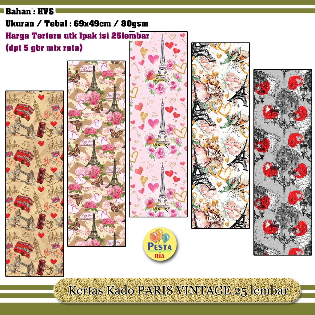 Jual Murah!! (1Set 25lmbr) Kertas kado motif LOVE Paris, kertas kado ...