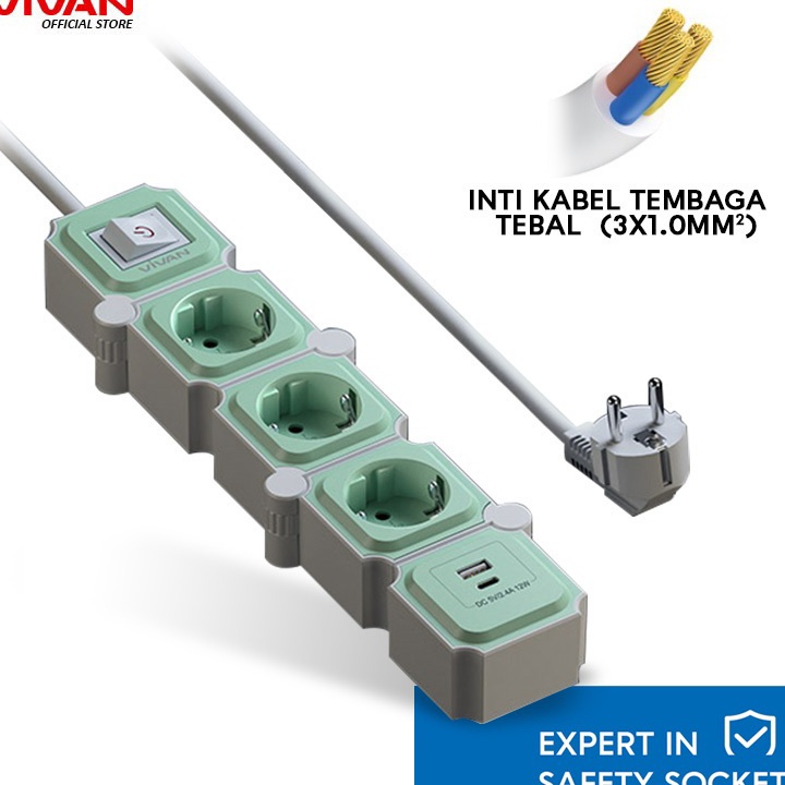 Jual KP8 VIVAN Safety Socket VPSH PRO Series Saklar Adaptor Stop Kabel Listrik Inti Tembaga ...