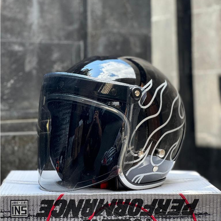 Jual Helm Bogo Vespa Hitam Black Flame Motif Api List Chrome Half Face ...