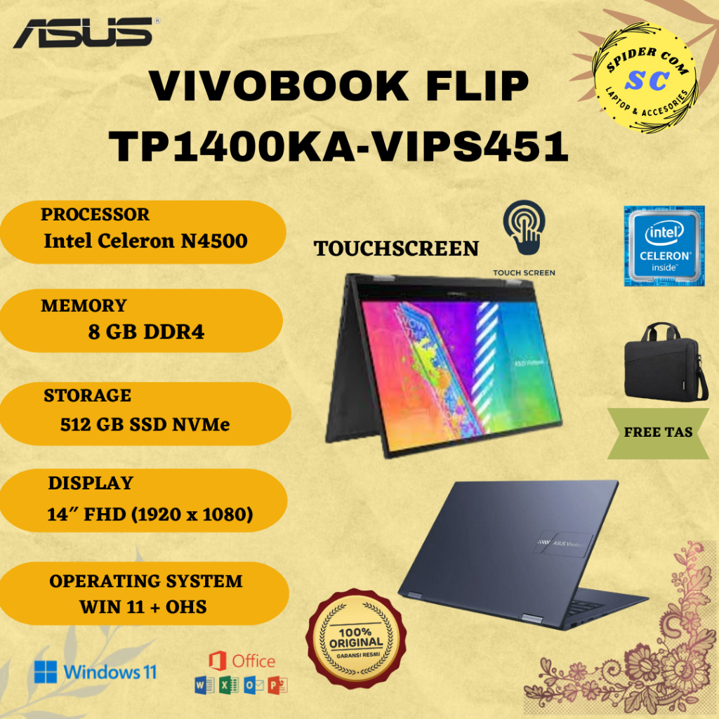 Jual ASUS VIVOBOOK TOUCH TP1400KA-VIPS451|N4500/8GB/SSD 512/VGA INTEL ...