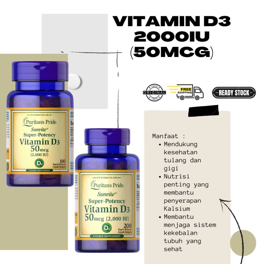 Jual Puritan's Pride Vitamin D3 50mcg 2000 IU 100 Rapid Softgels / 200 Rapid Softgels | Shopee ...